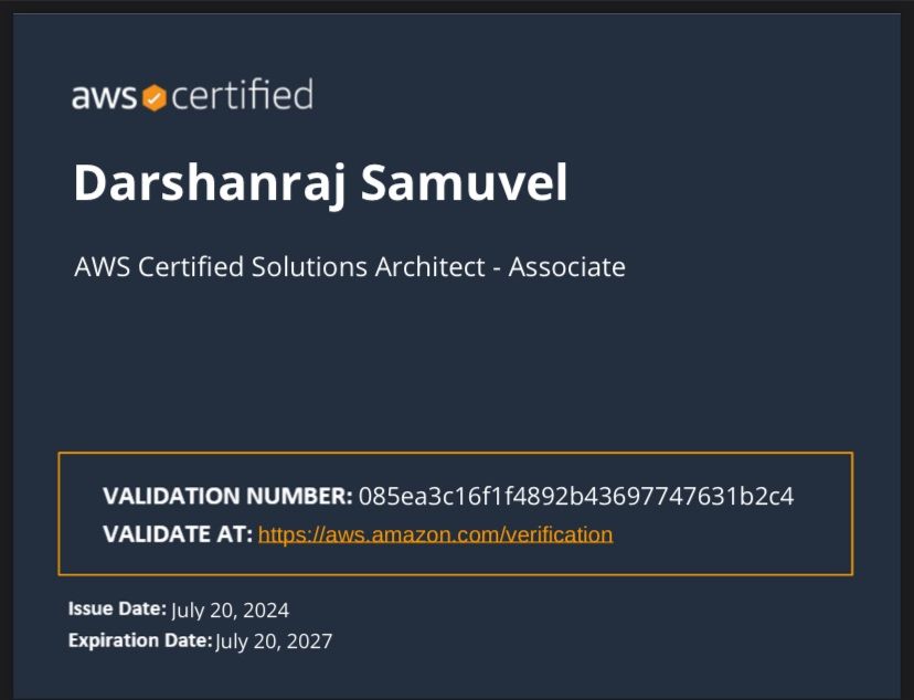 Darshanraj Samuvel on LinkedIn: #aws #certified #solutionsarchitect # ... Darshanraj Samuvel on LinkedIn: #aws #certified #solutionsarchitect # ...