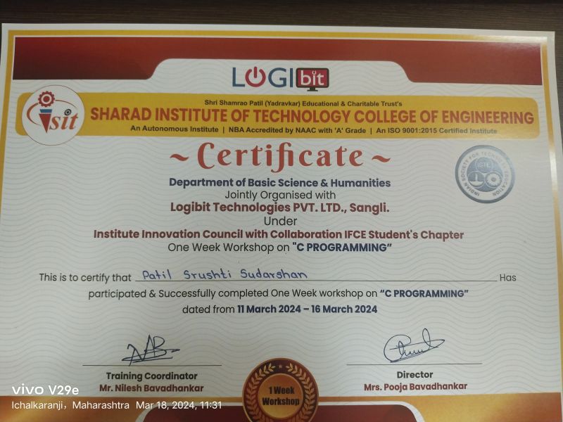 Srushti Patil on LinkedIn: completed 7 days workshop on c programming ... Srushti Patil on LinkedIn: completed 7 days workshop on c programming ...