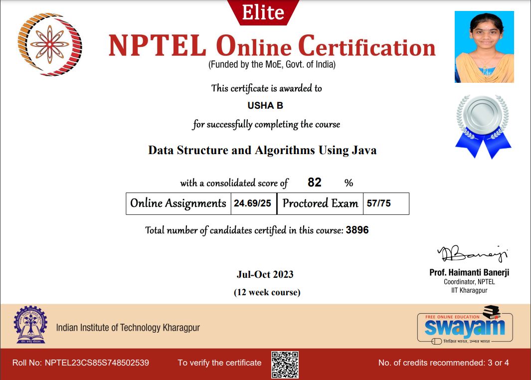 Usha Bala on LinkedIn: #nptel #certification #datastructures # ... Usha Bala on LinkedIn: #nptel #certification #datastructures # ...