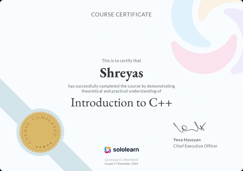 Shreyas Kombinadka on LinkedIn: #cplusplus #sololearncertified Shreyas Kombinadka on LinkedIn: #cplusplus #sololearncertified