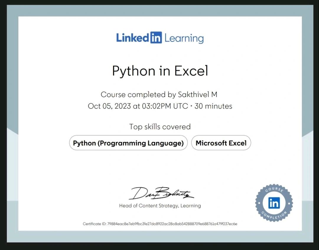 Completed Python in Excel course on LinkedIn Learning | Sakthivel M ... Completed Python in Excel course on LinkedIn Learning | Sakthivel M ...