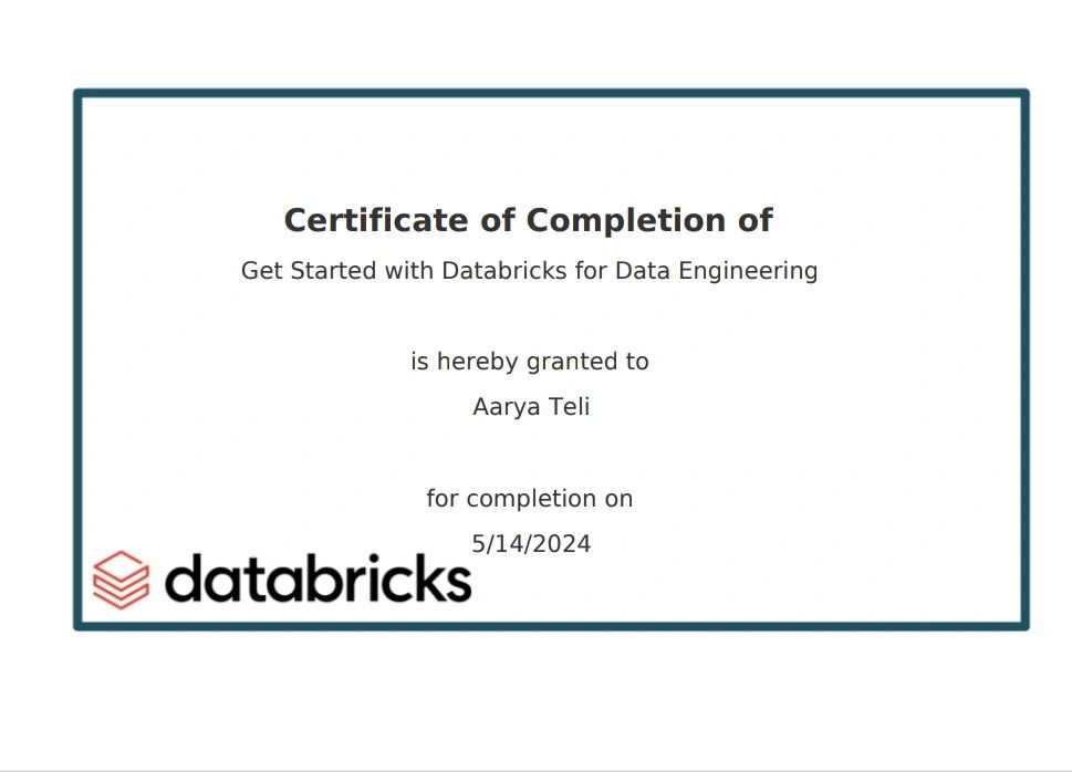Aarya Teli on LinkedIn: I've completed courses in Databricks for Data ... Aarya Teli on LinkedIn: I've completed courses in Databricks for Data ...