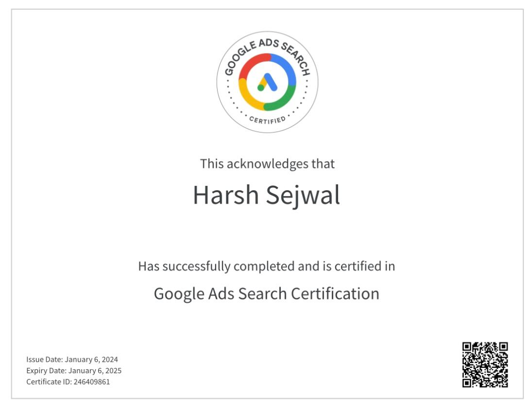 Harsh Sejwal on LinkedIn: Google Ads Certificate Harsh Sejwal on LinkedIn: Google Ads Certificate