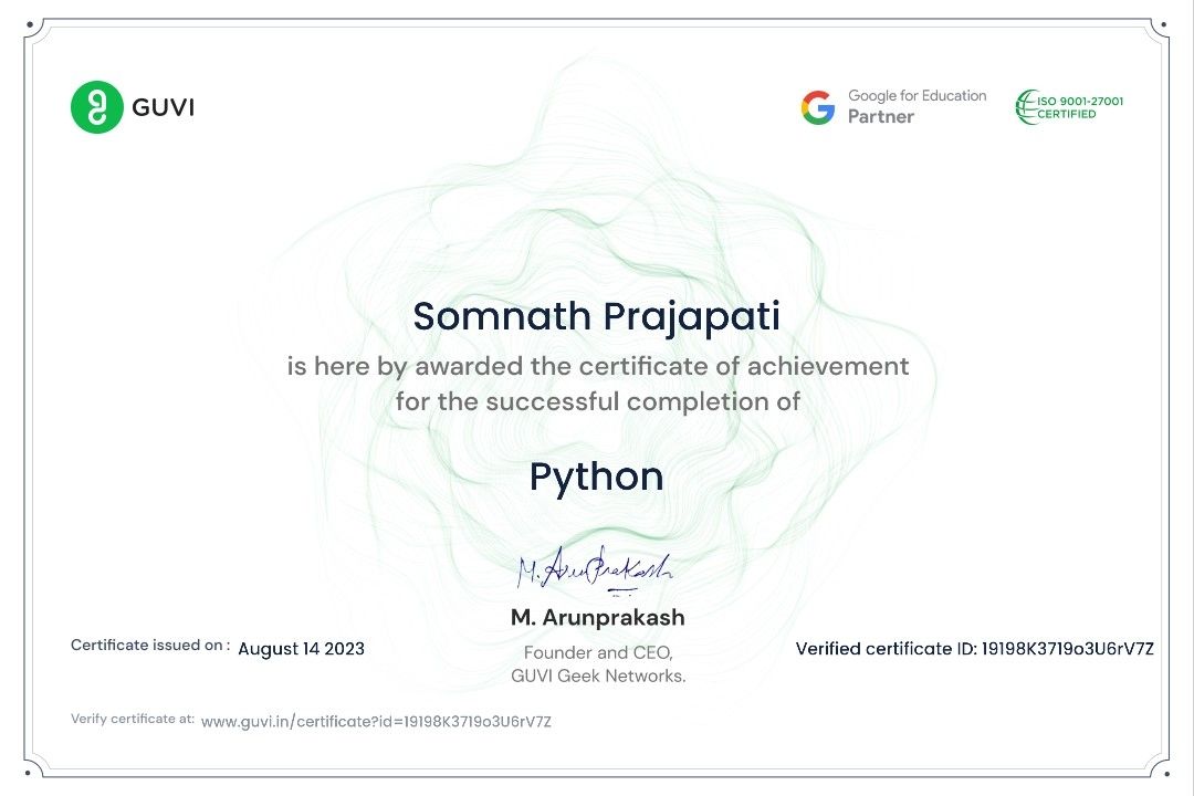 Sp Somnath on LinkedIn: I have completed python course from GUVI Geek ... Sp Somnath on LinkedIn: I have completed python course from GUVI Geek ...