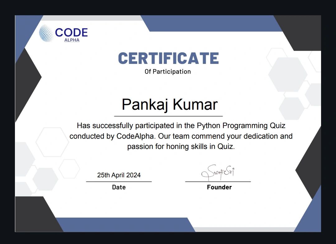 Pankaj Kumar on LinkedIn: #codealpha #pythonprogramming Pankaj Kumar on LinkedIn: #codealpha #pythonprogramming