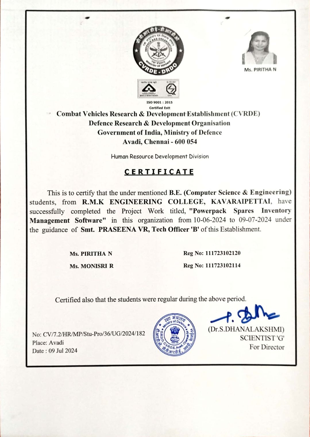 Piritha N on LinkedIn: #internship #drdo #cvrde #softwaredevelopment # ... Piritha N on LinkedIn: #internship #drdo #cvrde #softwaredevelopment # ...