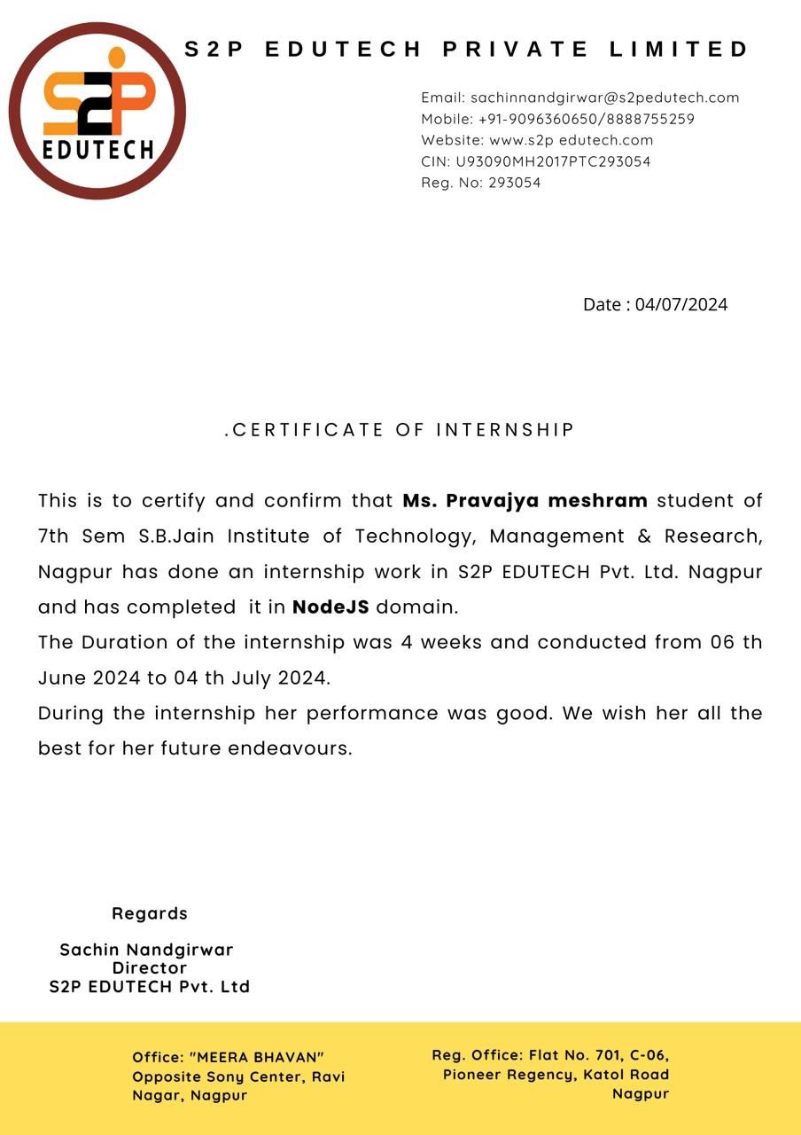Pravajya Meshram on LinkedIn: #nodejs #internshipcompletion #grateful # ... Pravajya Meshram on LinkedIn: #nodejs #internshipcompletion #grateful # ...