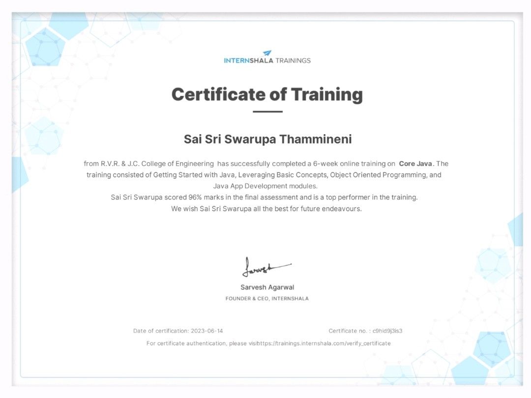 Swarupa T on LinkedIn: #internship #internshala #corejava Swarupa T on LinkedIn: #internship #internshala #corejava