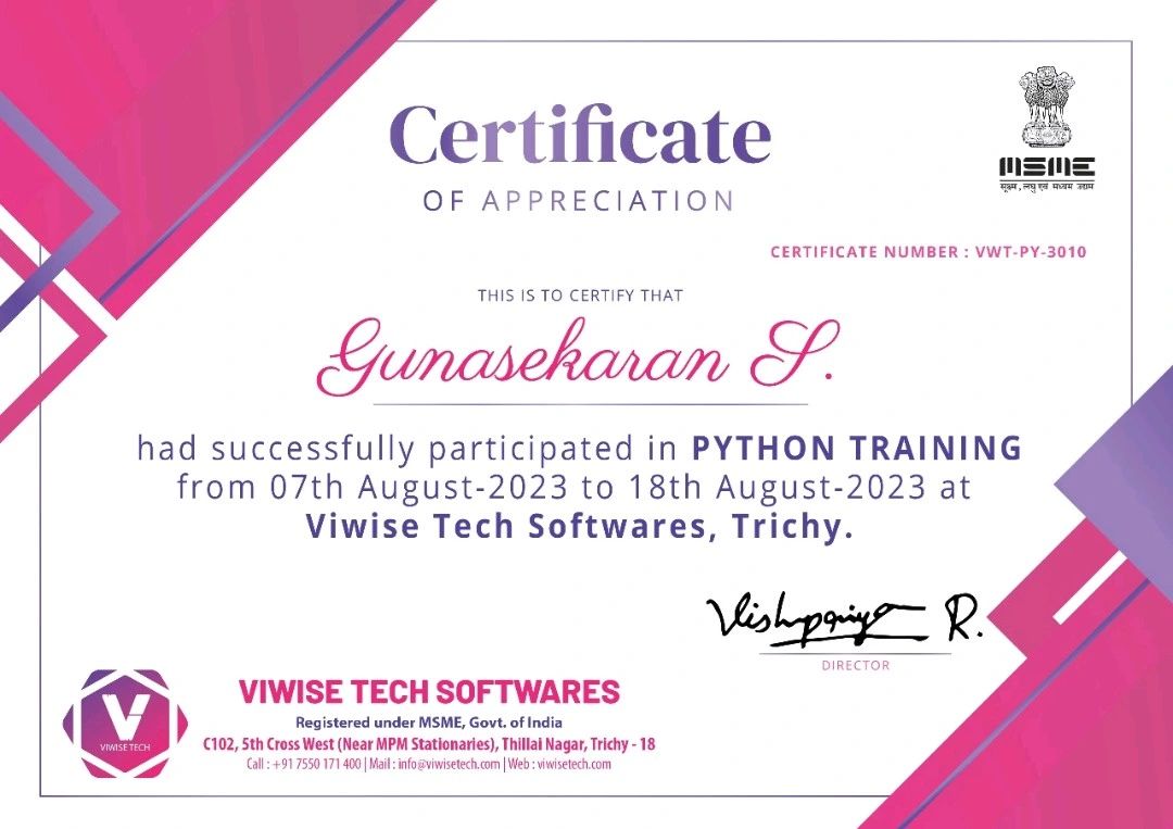 Gunasekaran S on LinkedIn: #pythontraining #viwisetech # ... Gunasekaran S on LinkedIn: #pythontraining #viwisetech # ...