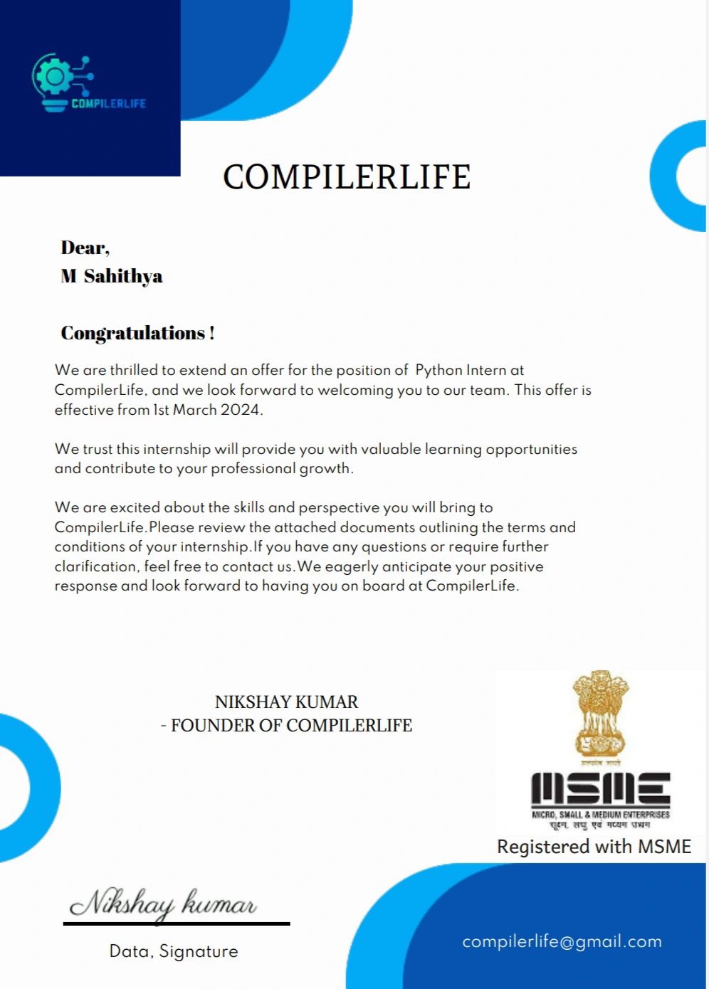 Sahithya M on LinkedIn: #internship #python #compilerlife Sahithya M on LinkedIn: #internship #python #compilerlife