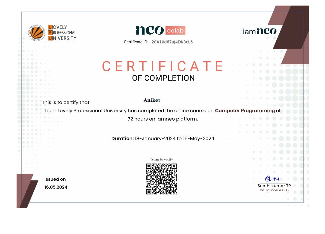 Aniket . on LinkedIn: #cprogramming #programmingcertificate # ... Aniket . on LinkedIn: #cprogramming #programmingcertificate # ...