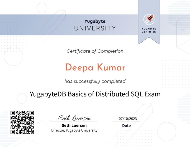 Deepa Kumar on LinkedIn: #yugabytedb #distributedsql #certification # ... Deepa Kumar on LinkedIn: #yugabytedb #distributedsql #certification # ...