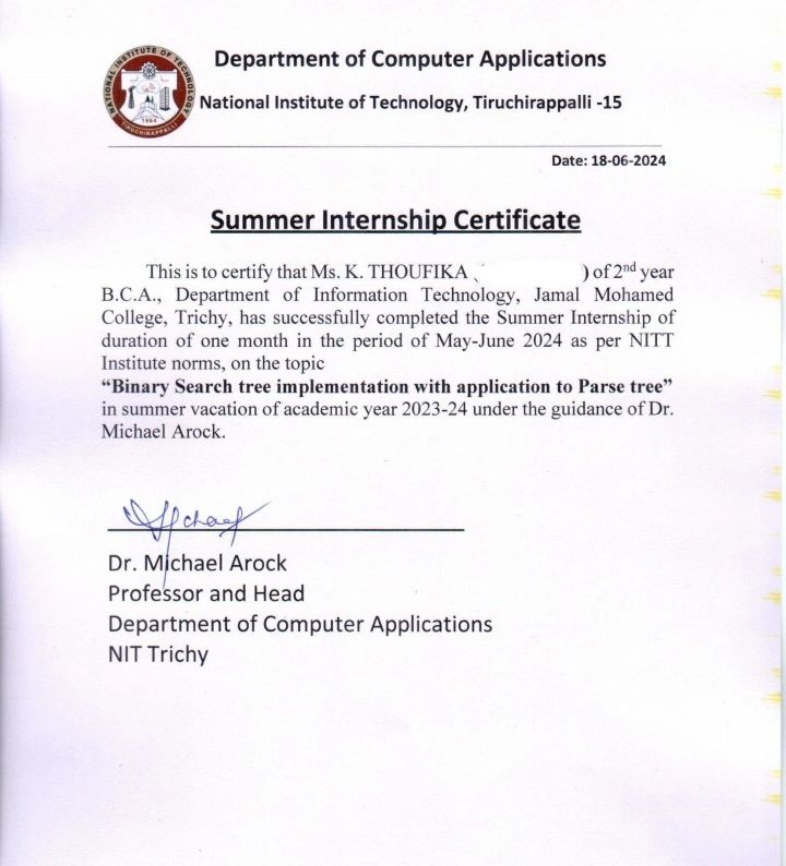 Thoufika K on LinkedIn: #internship #nittrichy #computerscience # ... Thoufika K on LinkedIn: #internship #nittrichy #computerscience # ...