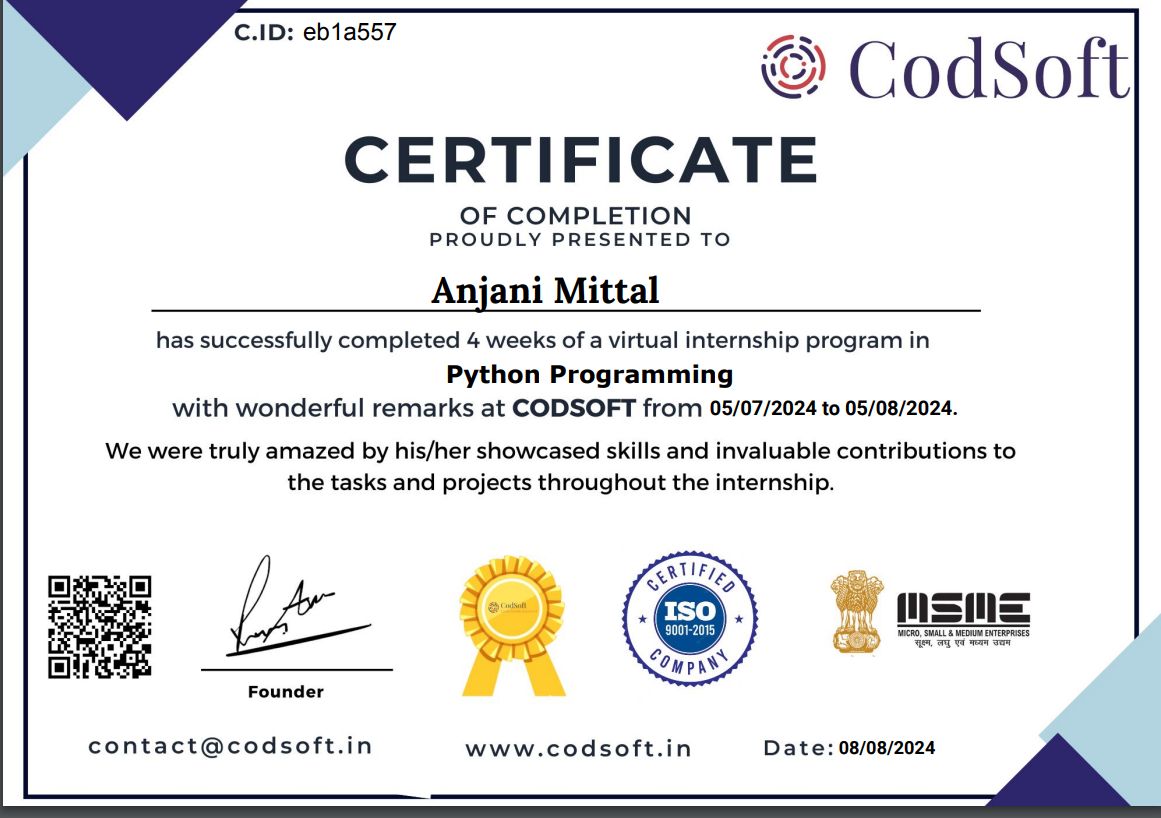 Anjani Mittal on LinkedIn: Python Programming Intern | CodSoft 🌐 ... Anjani Mittal on LinkedIn: Python Programming Intern | CodSoft 🌐 ...