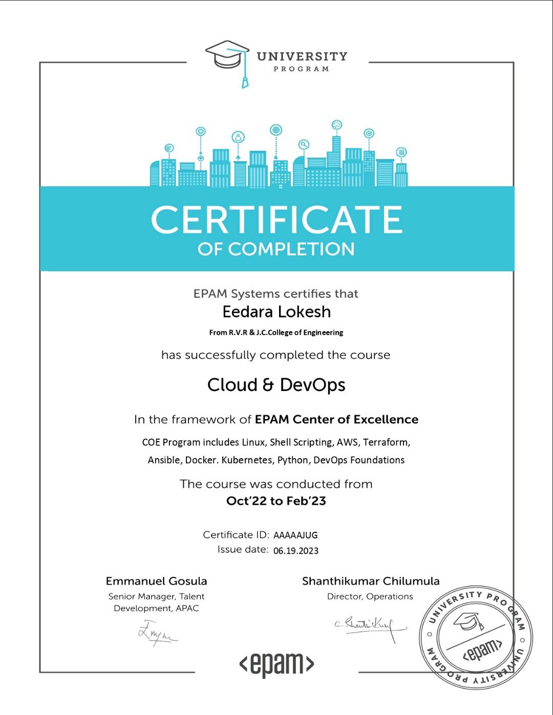 Lokesh Eedara on LinkedIn: I have completed Cloud and DevOps course Lokesh Eedara on LinkedIn: I have completed Cloud and DevOps course