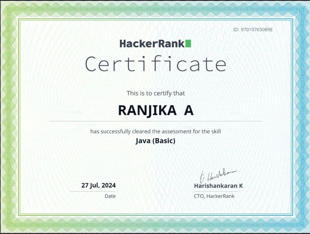 RANJIKA A on LinkedIn: #java #programming #certification #hackerrank # ... RANJIKA A on LinkedIn: #java #programming #certification #hackerrank # ...