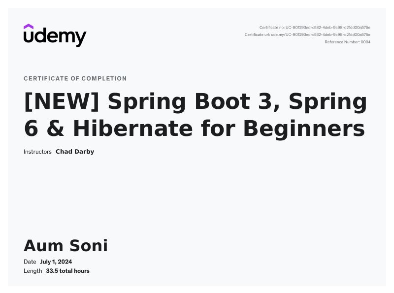 Aum Soni on LinkedIn: #springboot #hibernate #java #udemy #learningjourney… Aum Soni on LinkedIn: #springboot #hibernate #java #udemy #learningjourney…