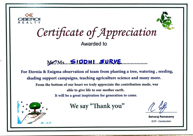 Siddhi Surve on LinkedIn: Thank you Oberoi Realty for Certificate of ... Siddhi Surve on LinkedIn: Thank you Oberoi Realty for Certificate of ...