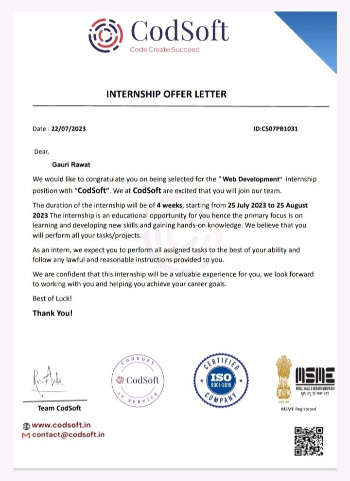 Gauri Rawat on LinkedIn: #codsoft #internship Gauri Rawat on LinkedIn: #codsoft #internship