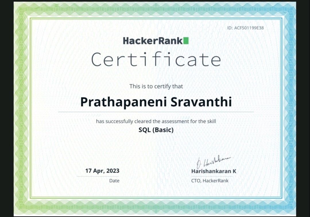 Prathapaneni Sravanthi on LinkedIn: Completed SQL(Basic) assessment Prathapaneni Sravanthi on LinkedIn: Completed SQL(Basic) assessment