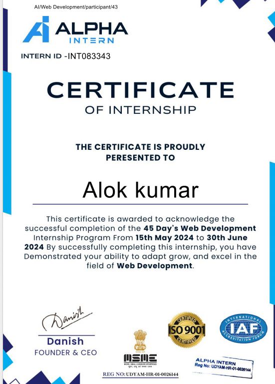 Alok kumar on LinkedIn: Internship Completion Certificate Domain: Web ... Alok kumar on LinkedIn: Internship Completion Certificate Domain: Web ...