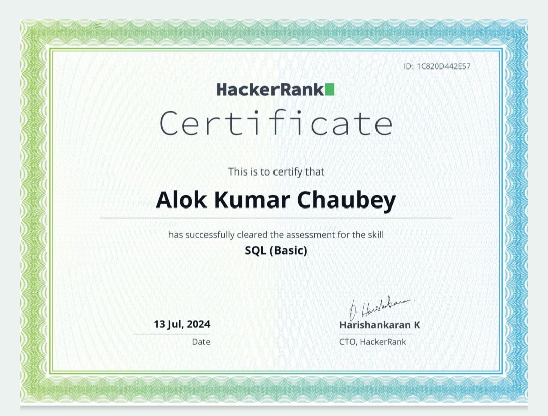 Alok kumar Chaubey on LinkedIn: #hackerrank #sql #certificate # ... Alok kumar Chaubey on LinkedIn: #hackerrank #sql #certificate # ...