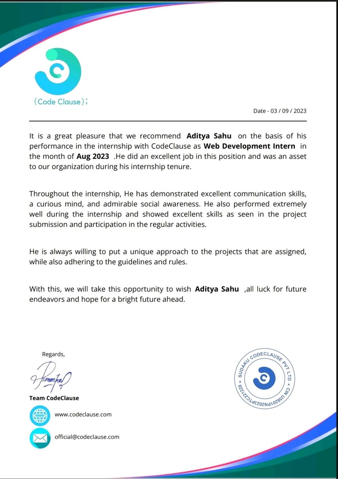 Aditya Sahu on LinkedIn: #webdevelopment #lor #codeclause #gratitude Aditya Sahu on LinkedIn: #webdevelopment #lor #codeclause #gratitude