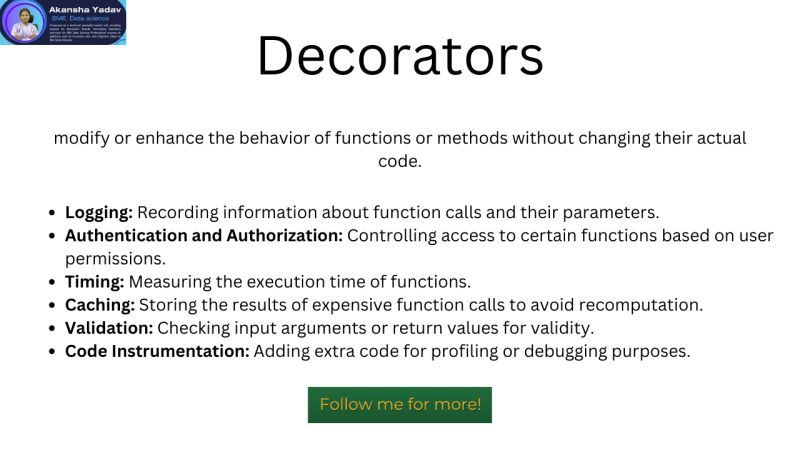 Akansha Yadav on LinkedIn: #decorators #techgirl #2024python #mlwithakansha Akansha Yadav on LinkedIn: #decorators #techgirl #2024python #mlwithakansha
