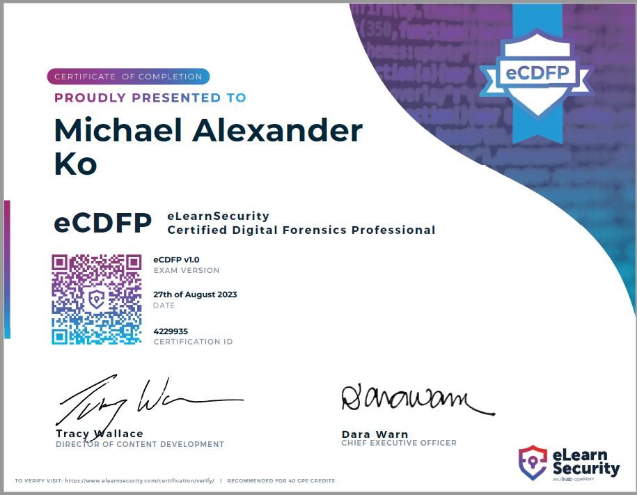 Michael Alexander Ko on LinkedIn: #ecdfp #elearnsecurity # ... Michael Alexander Ko on LinkedIn: #ecdfp #elearnsecurity # ...