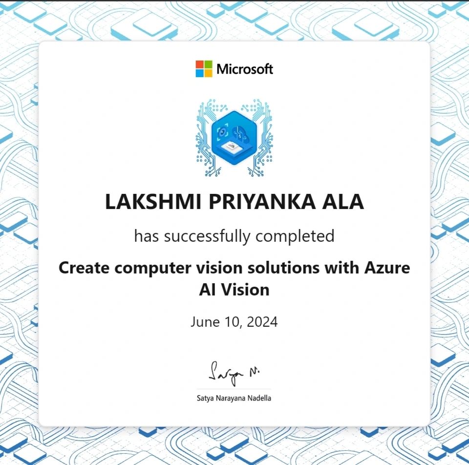 Completed Create Computer Vision Solutions with Azure AI | Ala Lakshmi ... Completed Create Computer Vision Solutions with Azure AI | Ala Lakshmi ...