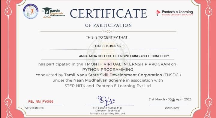 DINESHKUMAR S on LinkedIn: #python #naanmudhalvan #tnsdc #pantechelearning DINESHKUMAR S on LinkedIn: #python #naanmudhalvan #tnsdc #pantechelearning
