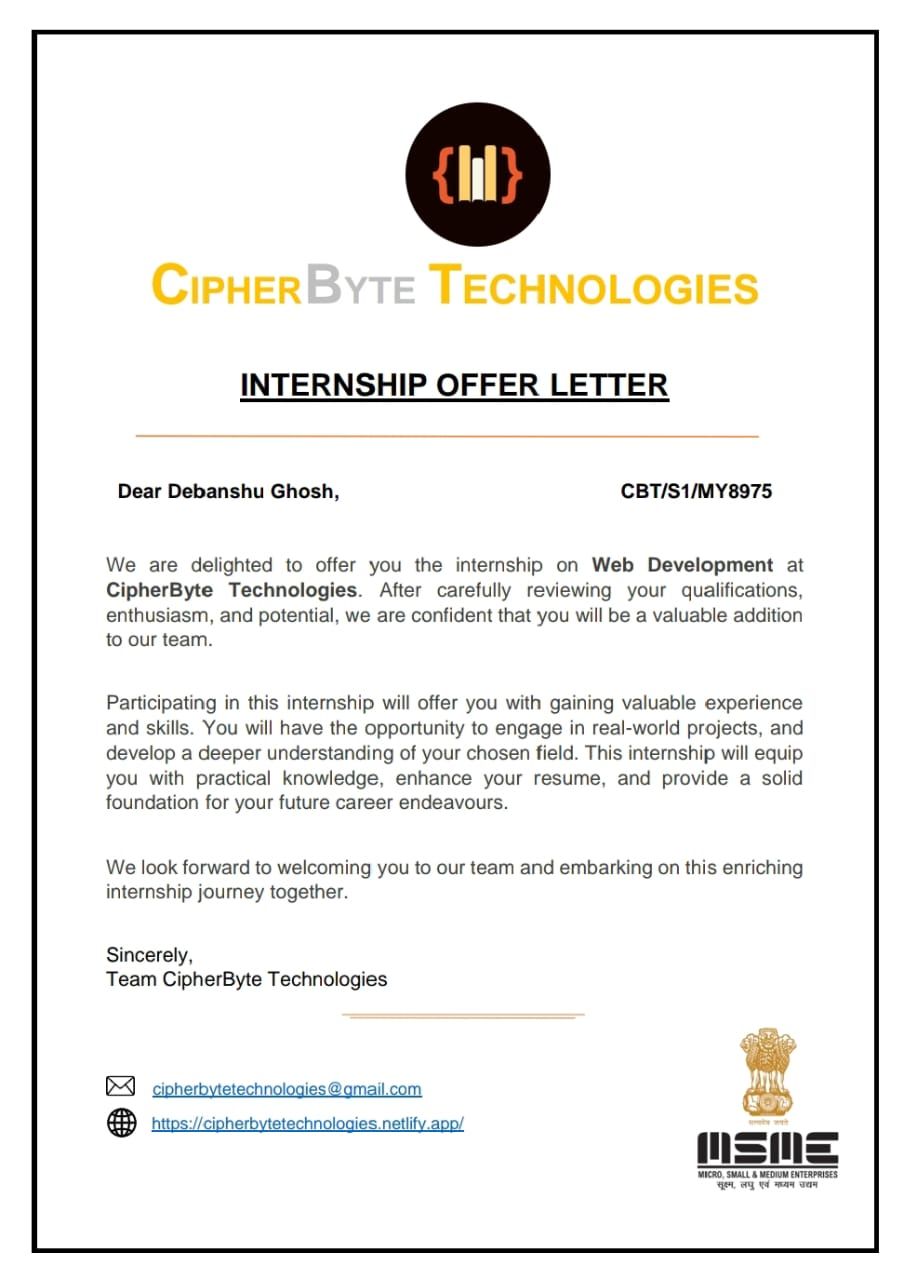 Debanshu Ghosh on LinkedIn: #cipherbytetech #webdev #intern Debanshu Ghosh on LinkedIn: #cipherbytetech #webdev #intern