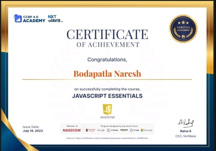 Bodapatla Naresh on LinkedIn: I've completed the JavaScript Essentials ... Bodapatla Naresh on LinkedIn: I've completed the JavaScript Essentials ...