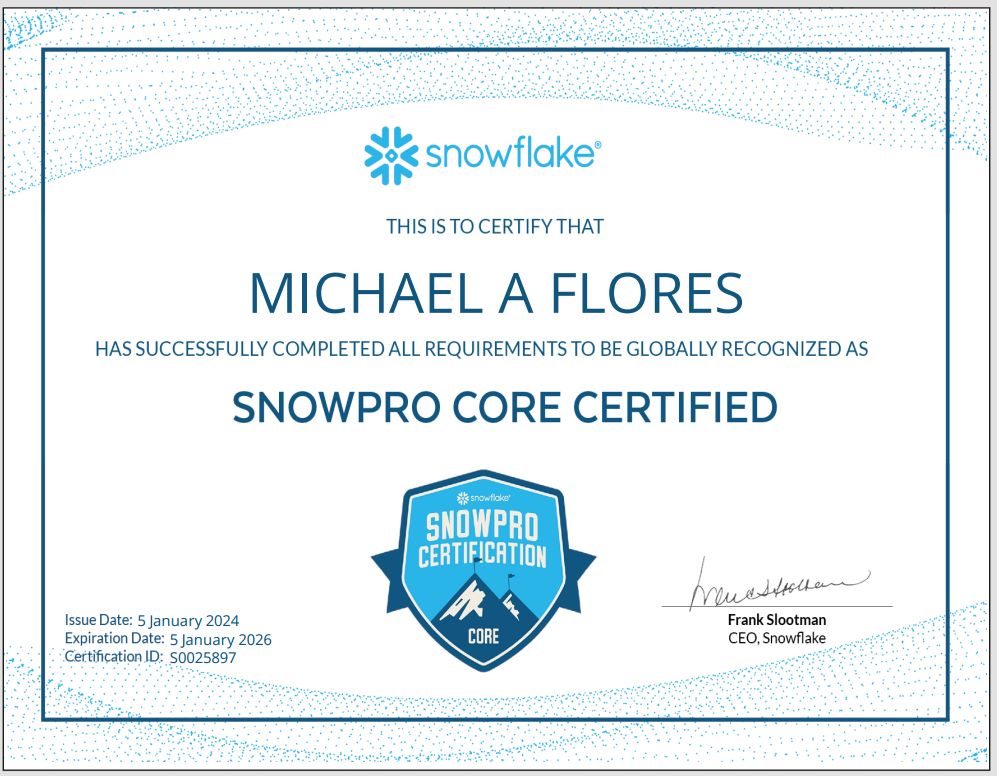 I earned a SnowPro Core certification! | Michael Flores posted on the ... I earned a SnowPro Core certification! | Michael Flores posted on the ...