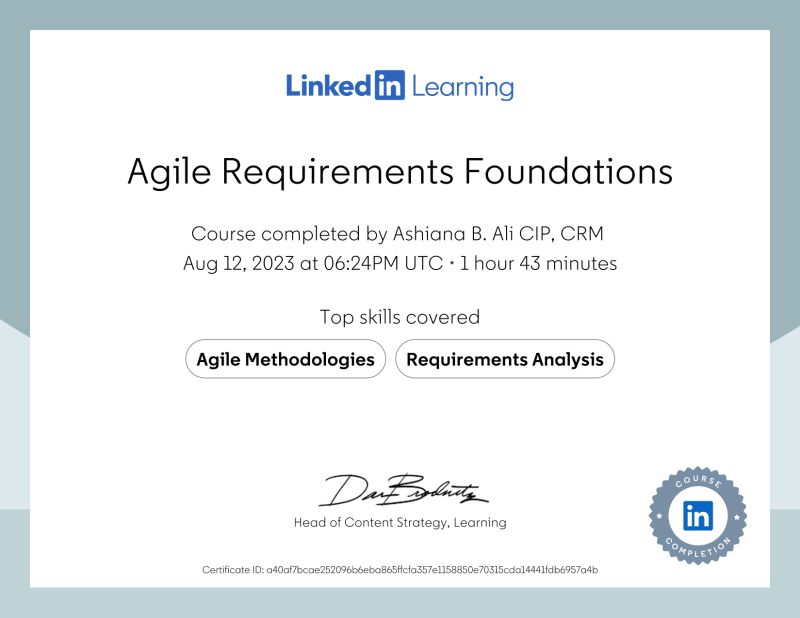 Ashiana B. Ali CIP, CRM on LinkedIn: Certificate of Completion Ashiana B. Ali CIP, CRM on LinkedIn: Certificate of Completion