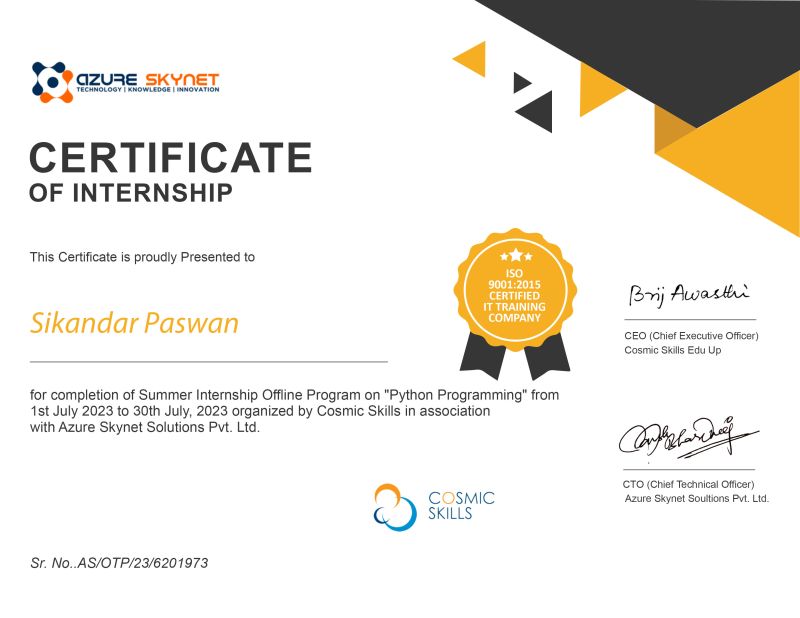 Completed a 30-day Python programming virtual internship at Azure ... Completed a 30-day Python programming virtual internship at Azure ...