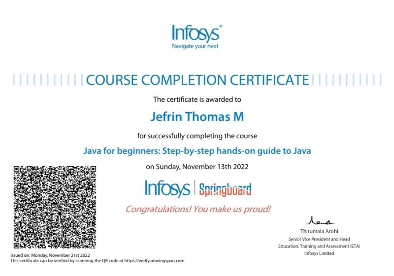 Jefrin Thomas on LinkedIn: #infosys #springboard #java Jefrin Thomas on LinkedIn: #infosys #springboard #java