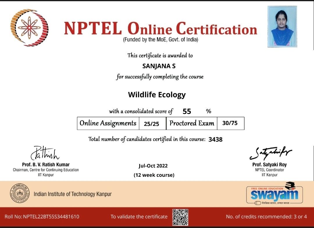 Sanjana suresh S on LinkedIn: #nptel #wildlife Sanjana suresh S on LinkedIn: #nptel #wildlife