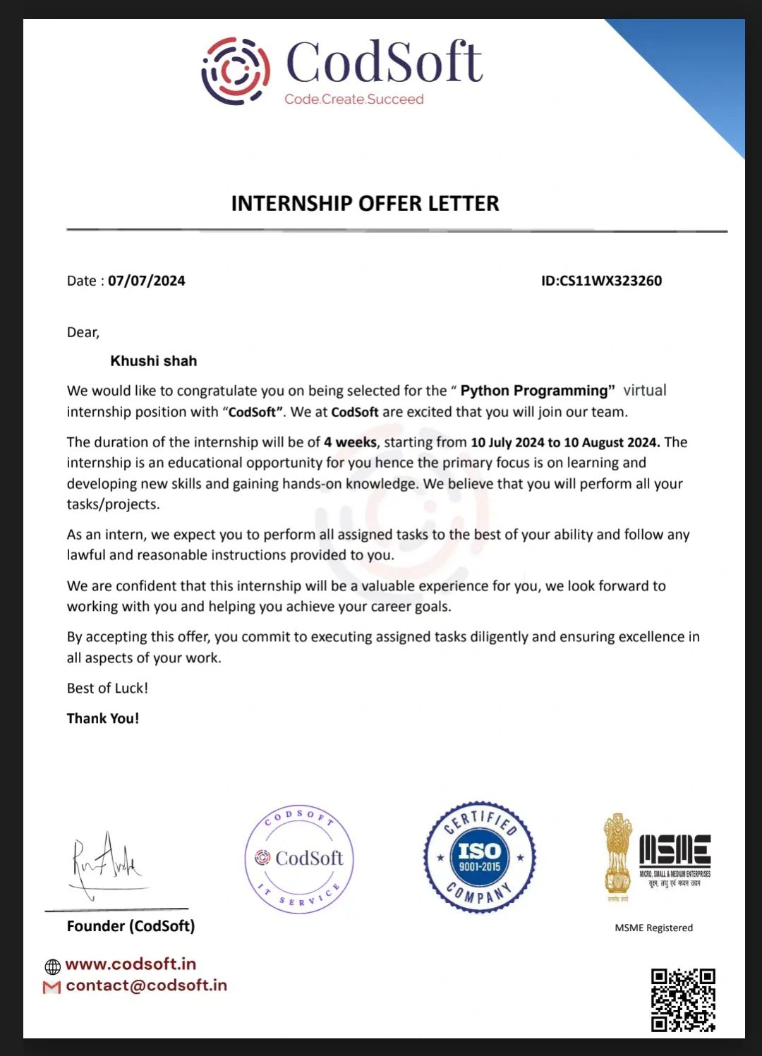 Khushi Shah on LinkedIn: #internship #python #codsoft Khushi Shah on LinkedIn: #internship #python #codsoft