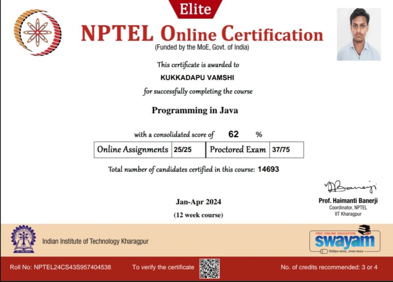 VAMSHI KUKKADAPU on LinkedIn: #java #certification #nptel #iitkharagpur ... VAMSHI KUKKADAPU on LinkedIn: #java #certification #nptel #iitkharagpur ...
