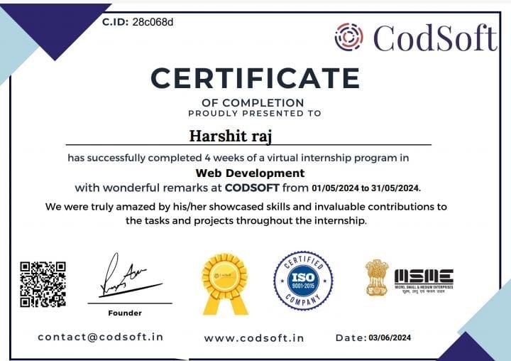 Harshit RAJ on LinkedIn: #codsoft #cip #webdevelopment #internship Harshit RAJ on LinkedIn: #codsoft #cip #webdevelopment #internship