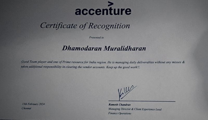 Dhamodharan Muralidharan on LinkedIn: My second reward from Accenture ... Dhamodharan Muralidharan on LinkedIn: My second reward from Accenture ...