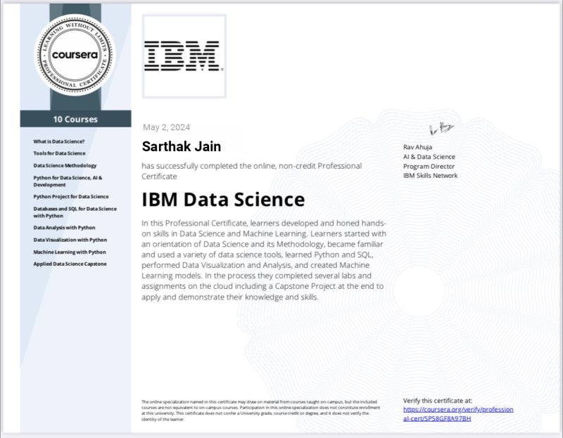 Completed IBM Data Science Certificate | sarthak jain posted on the ... Completed IBM Data Science Certificate | sarthak jain posted on the ...