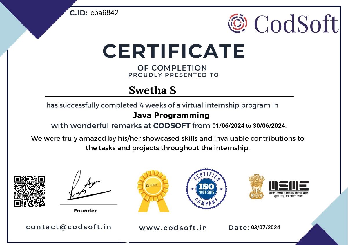 Swetha S on LinkedIn: #javaprogramming #internship #codsoft # ... Swetha S on LinkedIn: #javaprogramming #internship #codsoft # ...
