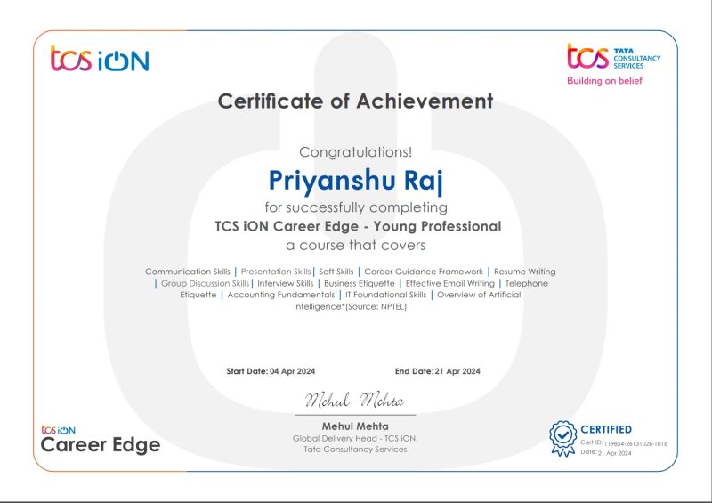 Priyanshu Raj Singh on LinkedIn: Hi, I just wrapped up with TCS iON ... Priyanshu Raj Singh on LinkedIn: Hi, I just wrapped up with TCS iON ...