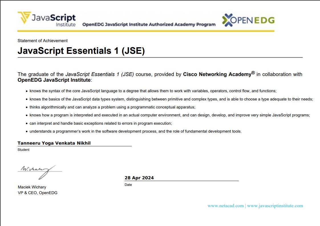Nikhil Tanneeru on LinkedIn: #javascript #cisco #certification # ... Nikhil Tanneeru on LinkedIn: #javascript #cisco #certification # ...