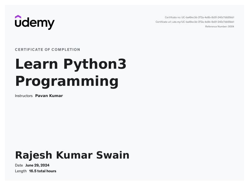 Rajesh Kumar Swain on LinkedIn: #python #certification #udemy #learning ... Rajesh Kumar Swain on LinkedIn: #python #certification #udemy #learning ...