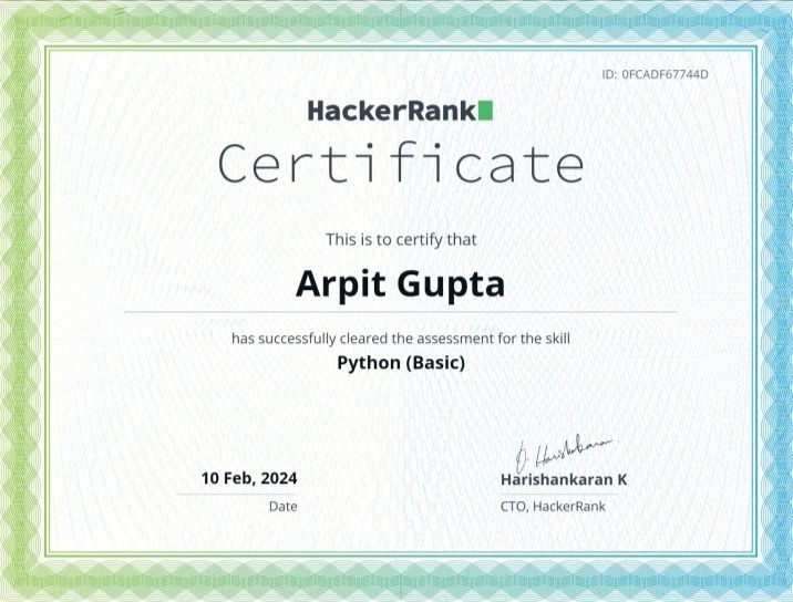 Arpit Gupta on LinkedIn: #hackerrank #pythonskills #mypython #certificate Arpit Gupta on LinkedIn: #hackerrank #pythonskills #mypython #certificate