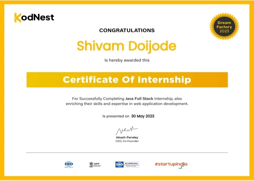 Shivam Doijode on LinkedIn: #coding #internship #java Shivam Doijode on LinkedIn: #coding #internship #java