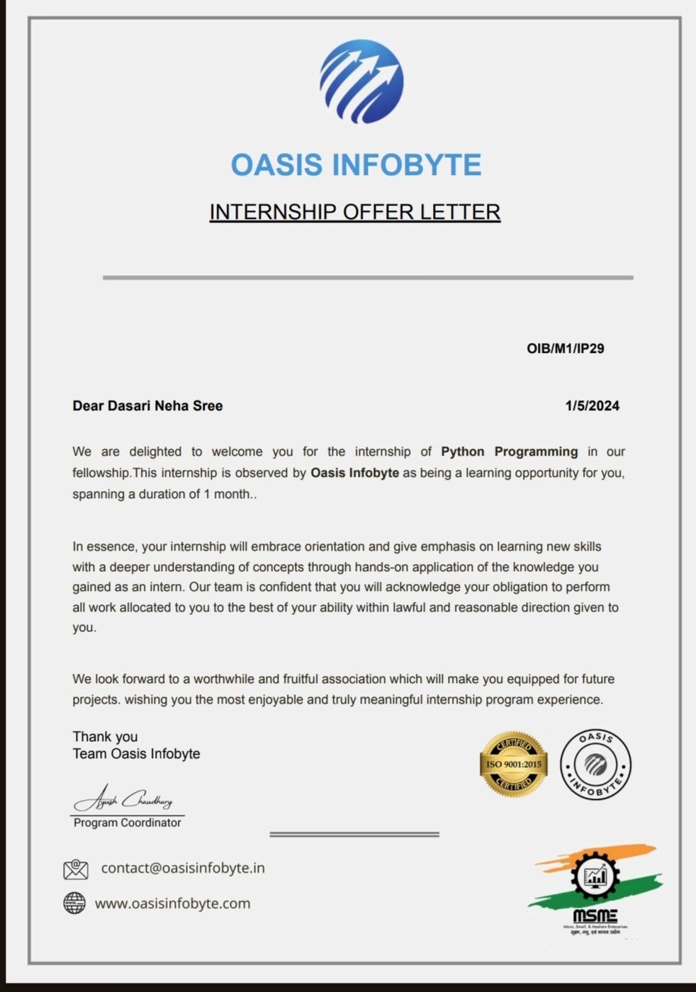 Dasari Neha Sree on LinkedIn: #internship #python #oasisinfobyte # ... Dasari Neha Sree on LinkedIn: #internship #python #oasisinfobyte # ...